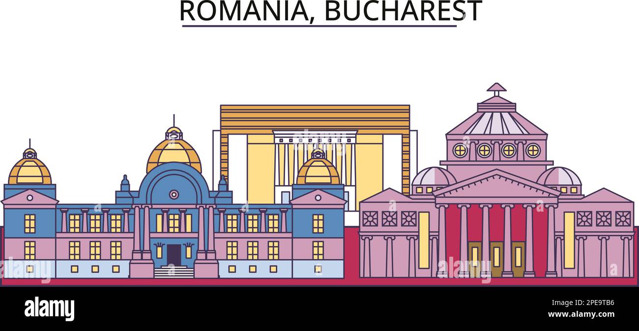 Romania, Bucharest tourism landmarks, vector city travel illustration ...