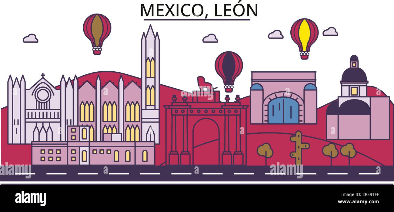 Mexico, Leon tourism landmarks, vector city travel illustration Stock ...