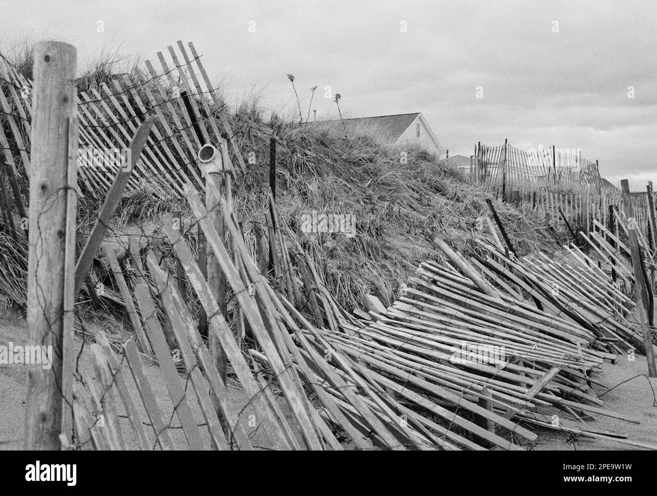 Wood and wire storm fences wind around summer homes at the edge of the ...