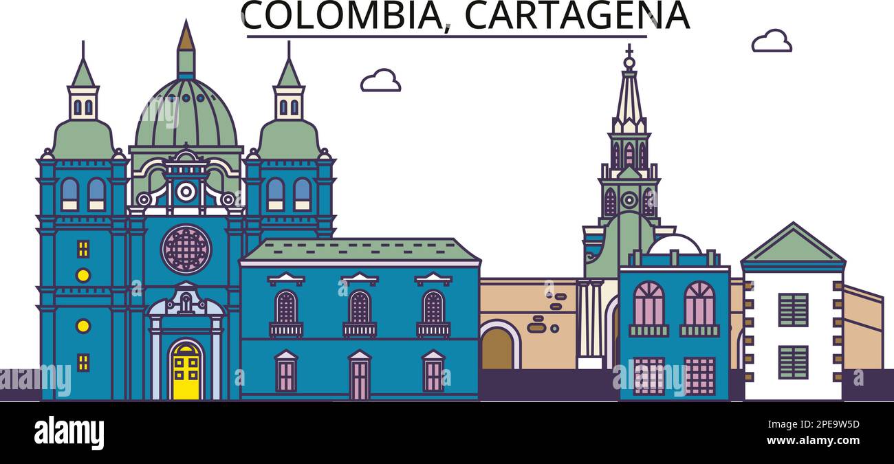 Colombia, Cartagena tourism landmarks, vector city travel illustration ...