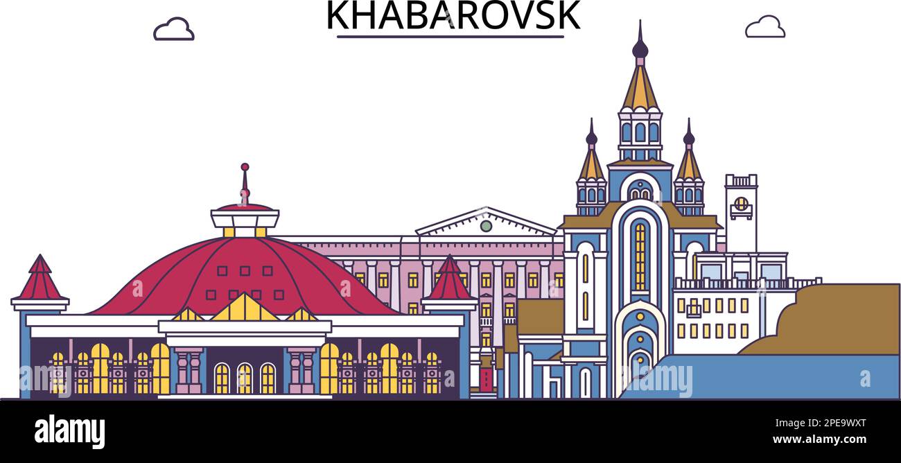Russia, Khabarovsk tourism landmarks, vector city travel illustration ...