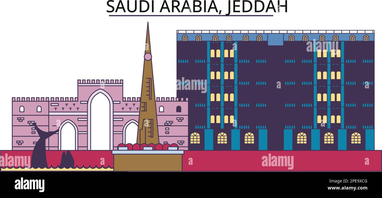 Saudi Arabia, Jeddah tourism landmarks, vector city travel illustration ...