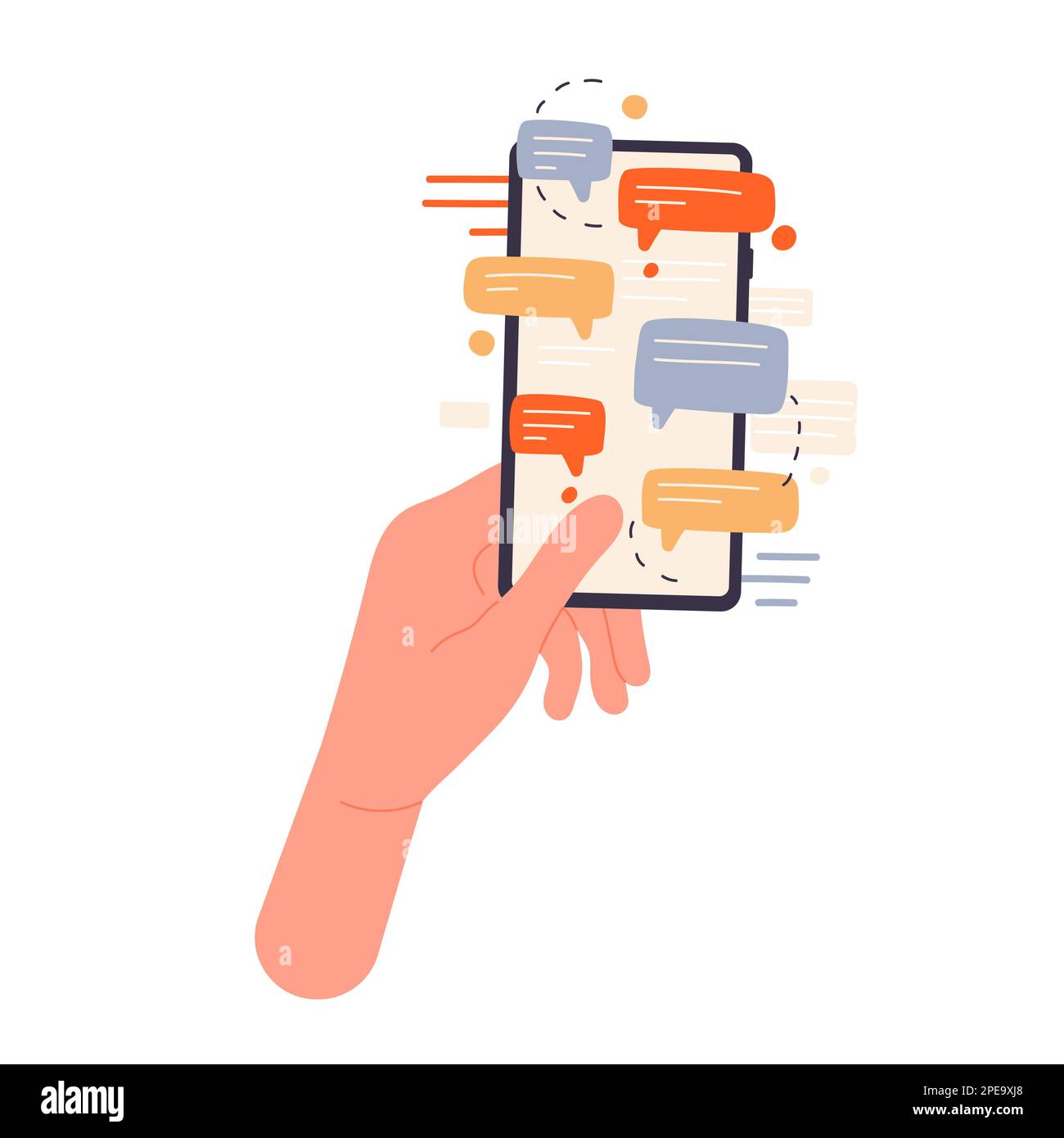 Phone in hand with chat messages. Mobile communication, digital ...