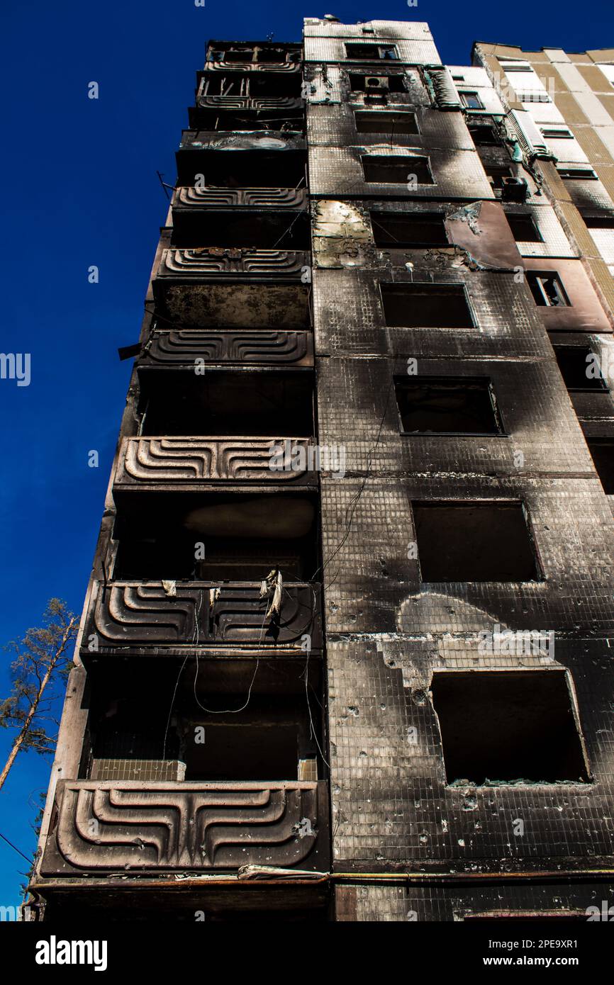 Close-up of the windows of the facade of a building that burned after ...