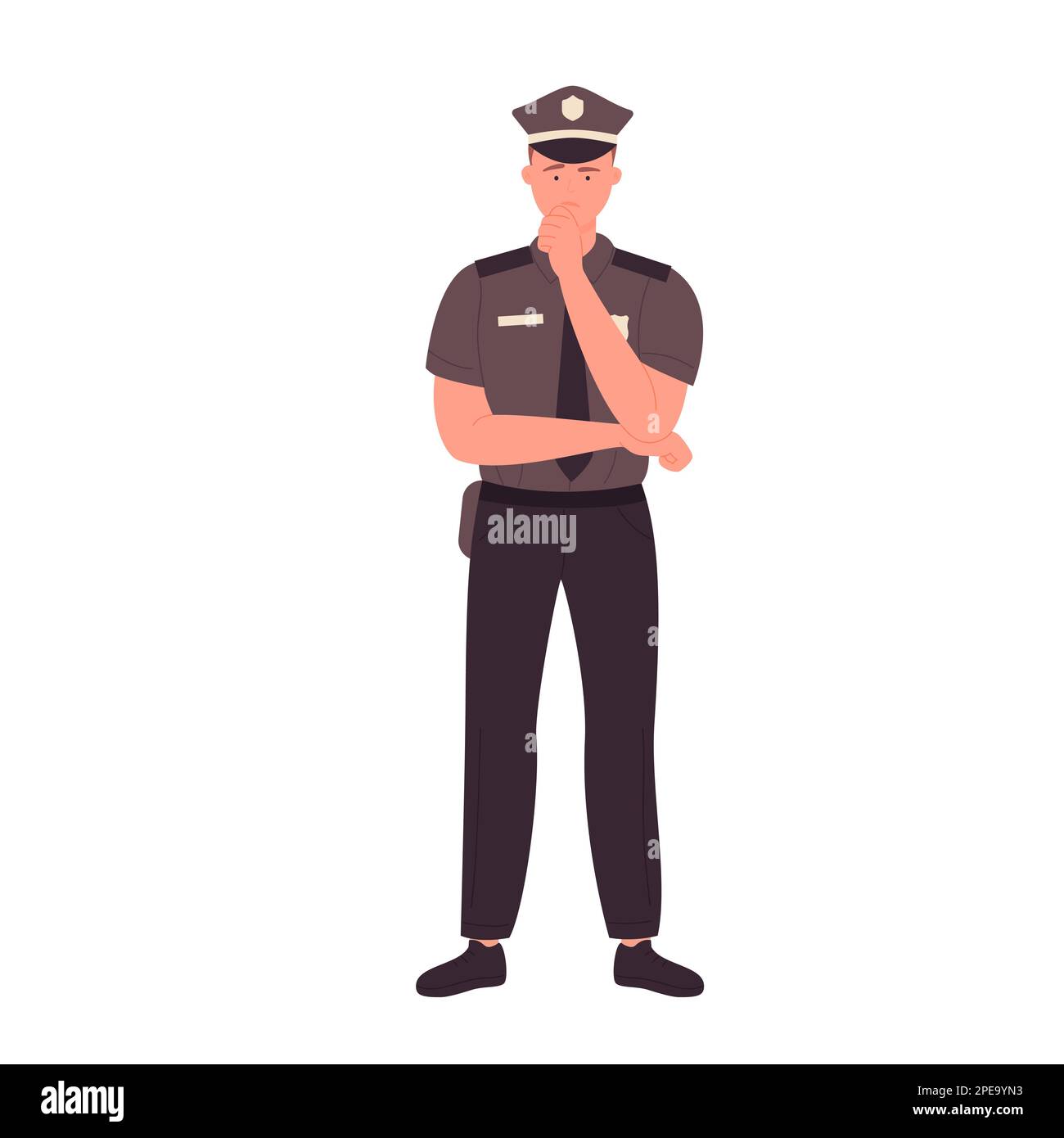 Confused standing policeman. Police officer in thinking pose vector ...
