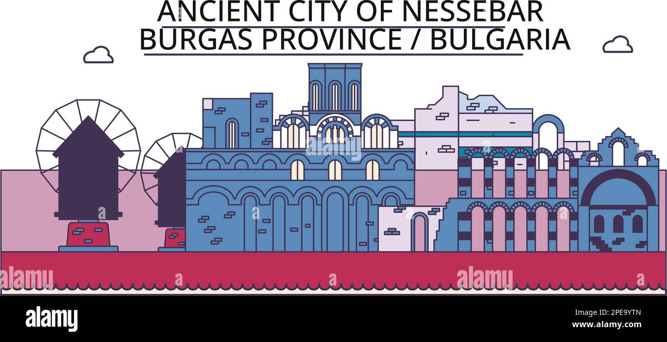Bulgaria, Nessebar tourism landmarks, vector city travel illustration ...