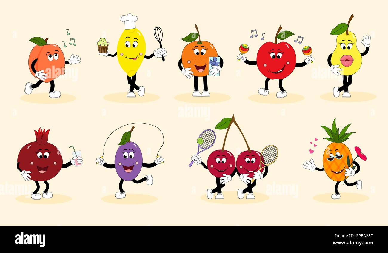 Set of cartoon fruit characters. Vector on isolated background Stock ...