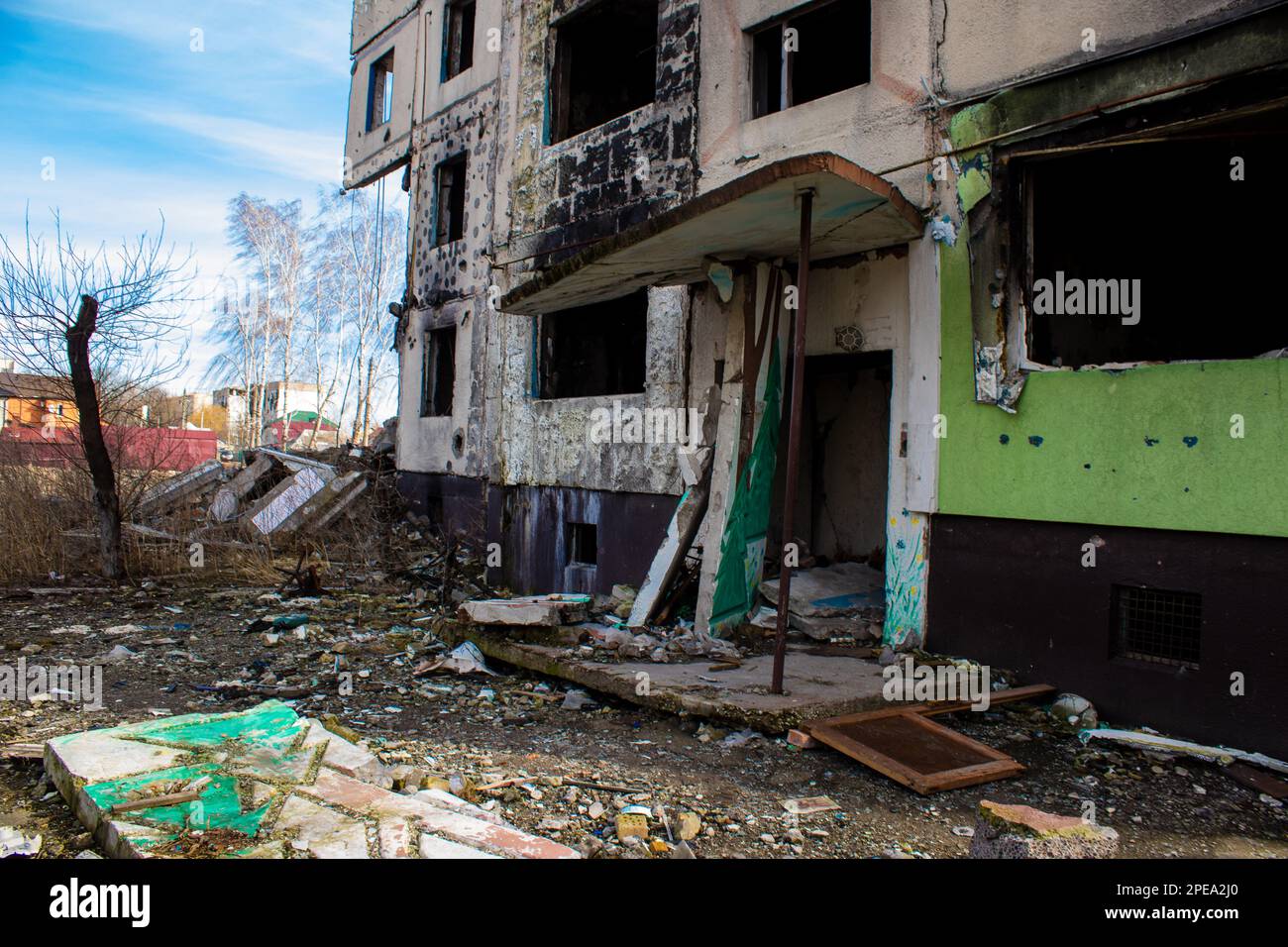 Facade of a building having received artillery fire. Most buildings in ...