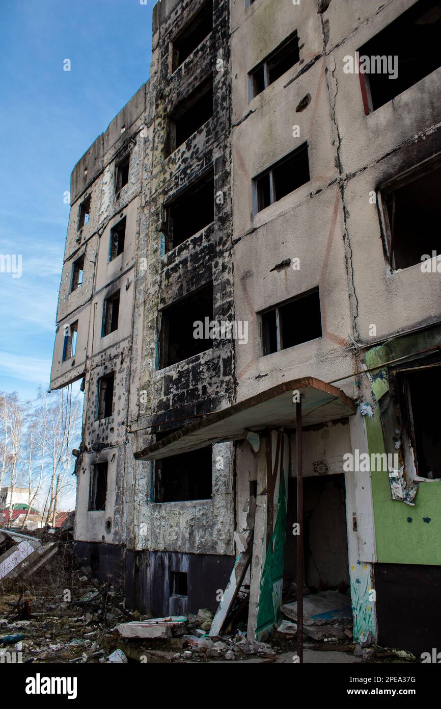 Facade of a building that burned down following artillery fire. Most ...