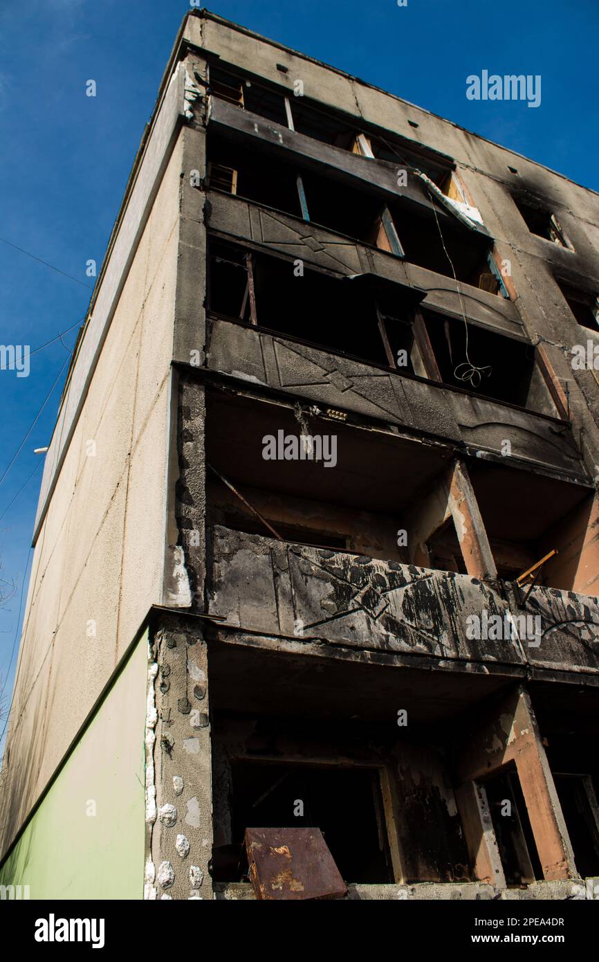 Facade of a building that burned down following artillery fire. Most ...