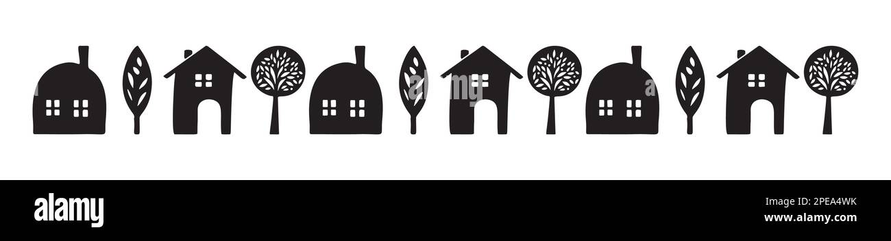 Monochrome woodland village bordure, edging of woodland cottage trim ...