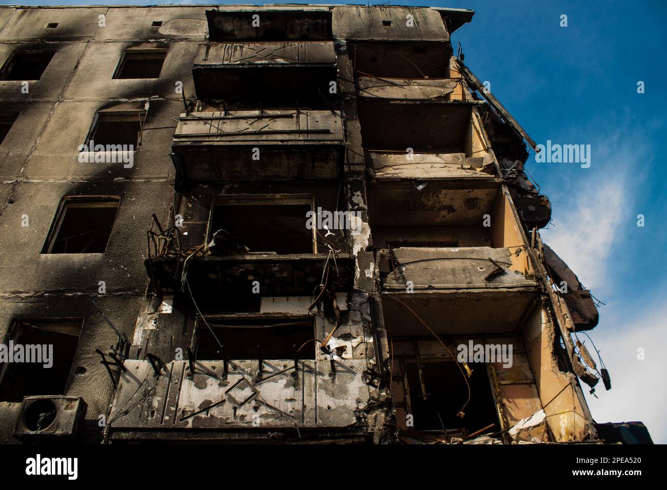 Facade of a building that burned down following artillery fire. Most ...