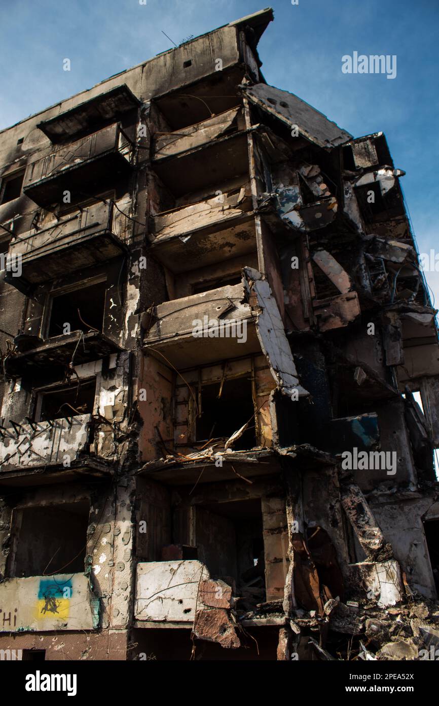 Facade of a building that burned down following artillery fire. Most ...