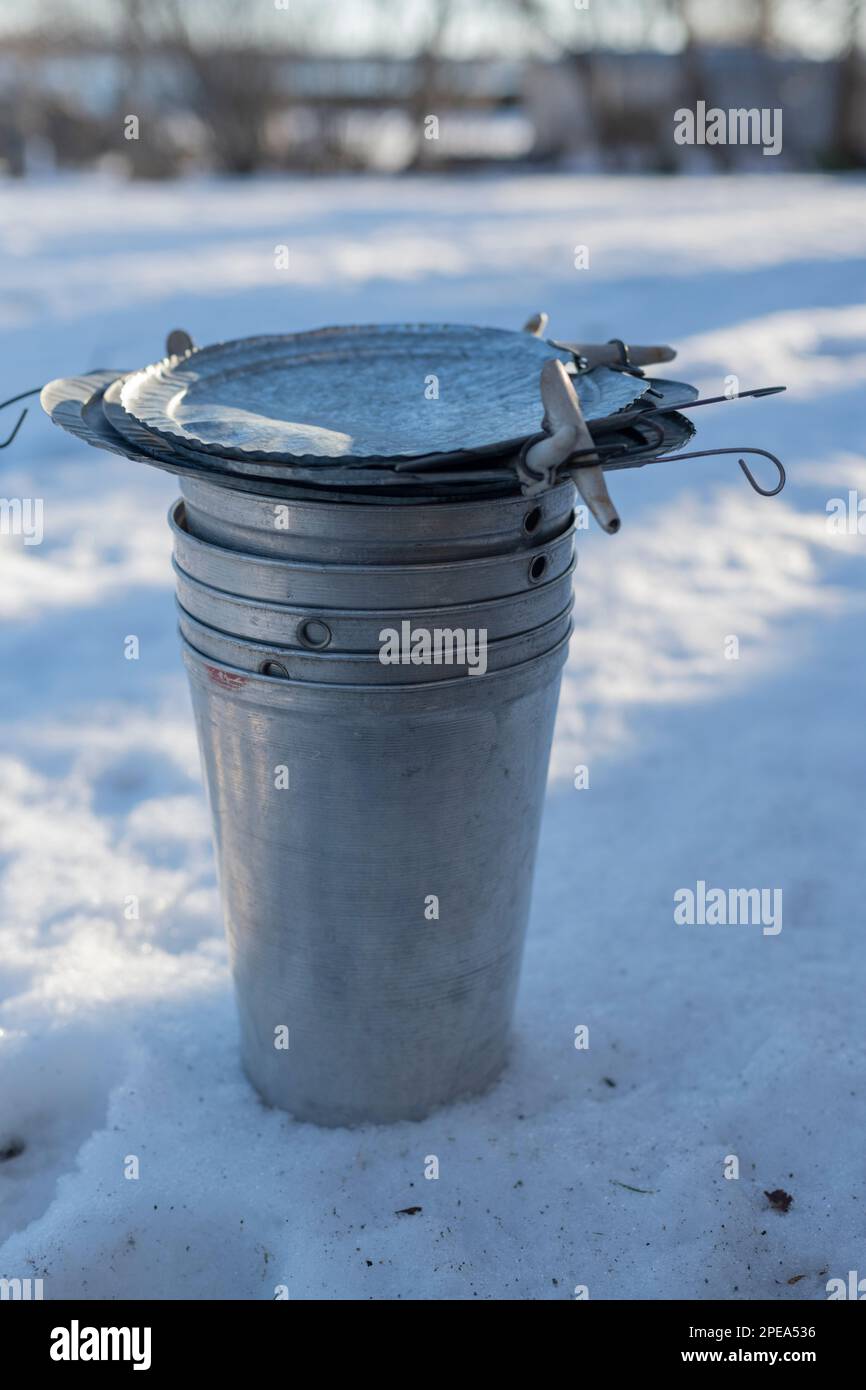 A stack of sap collecting buckets sit in the old snow at the end of ...