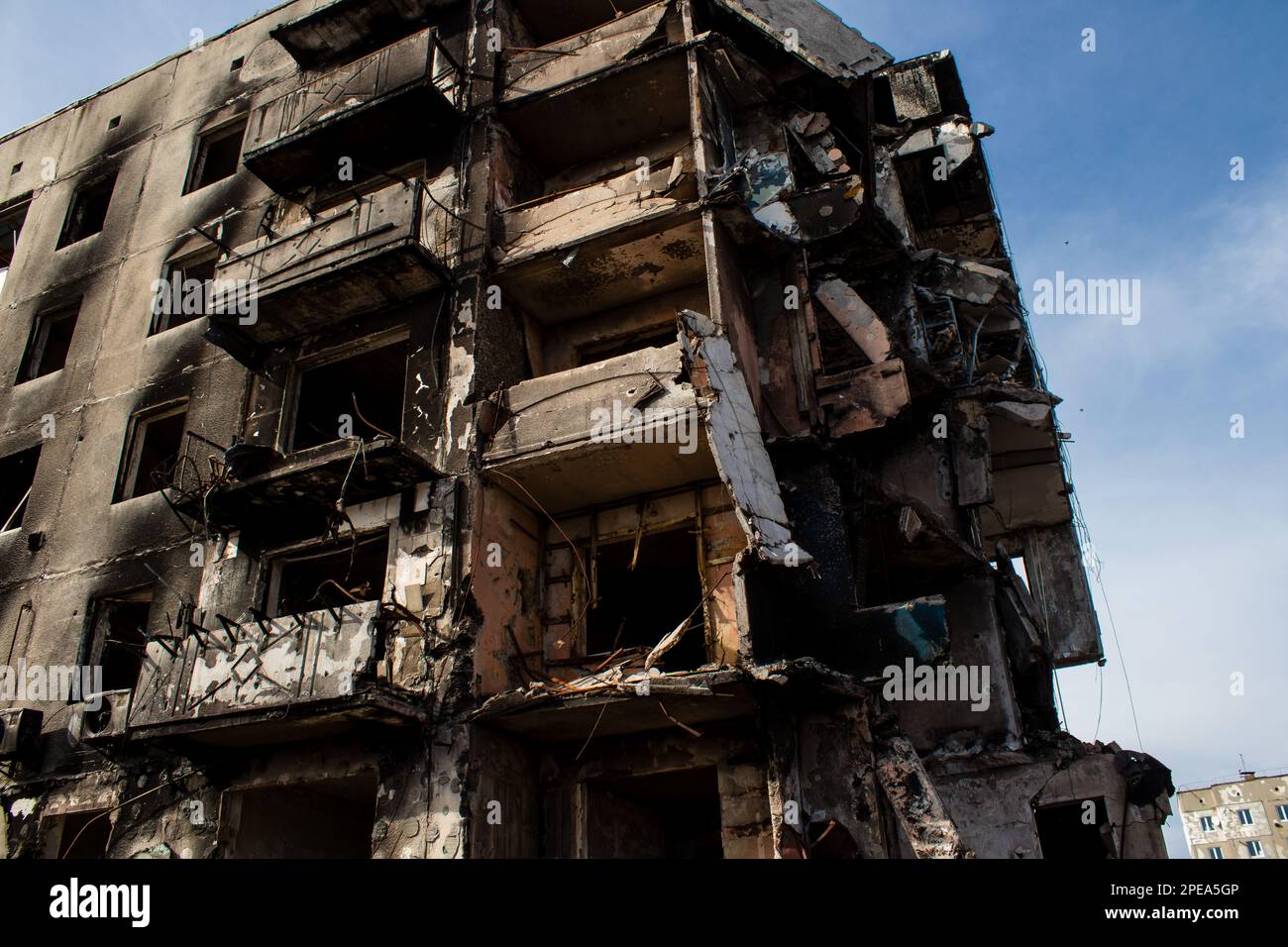 Facade of a building that burned down following artillery fire. Most ...