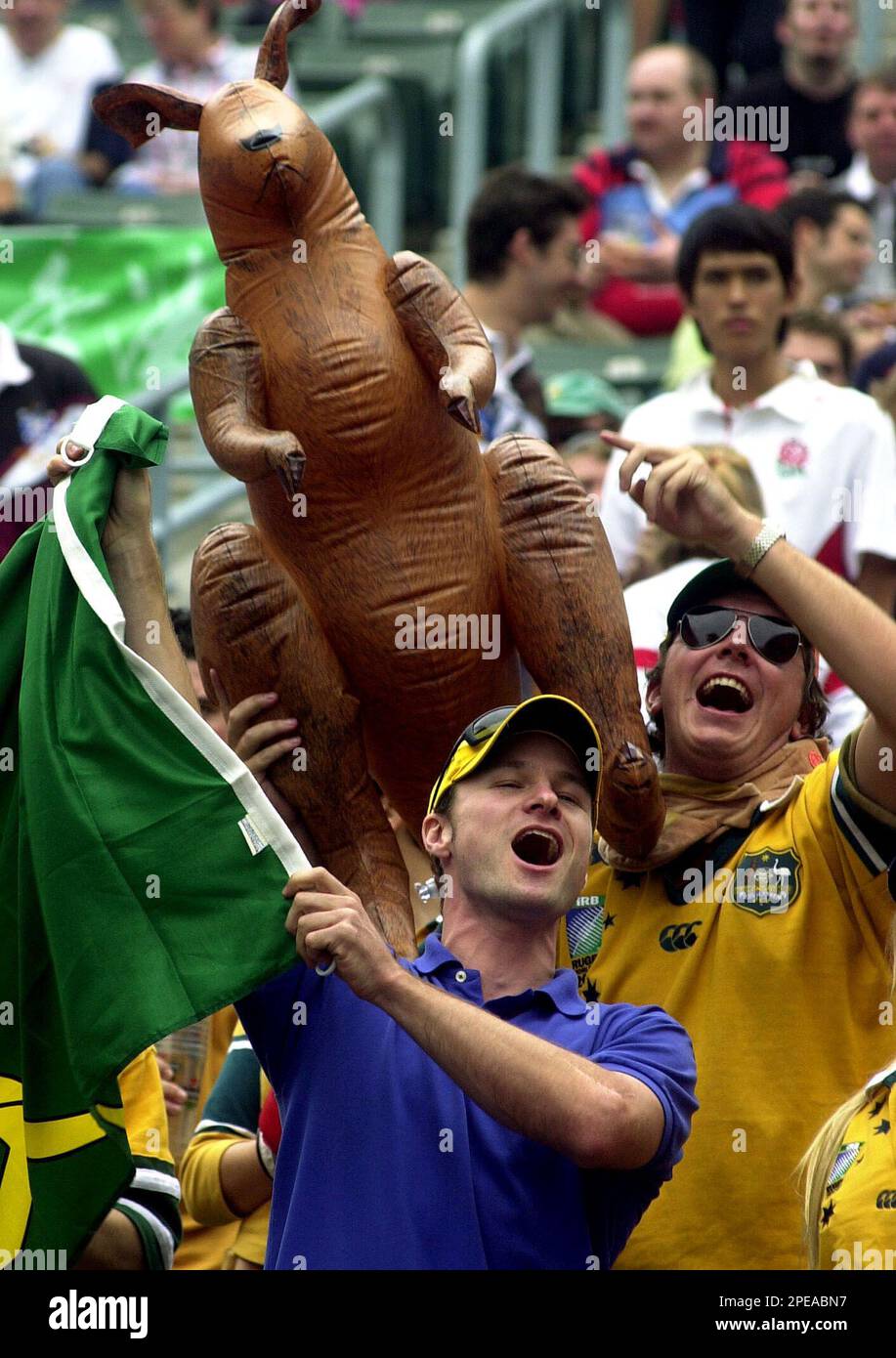Australian rugby fans hold an inflatable kangaroo on the first day of ...