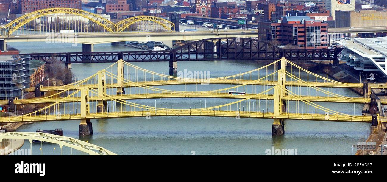 Six of Pittsburgh's many bridges are shown crossing the Allegheny River ...
