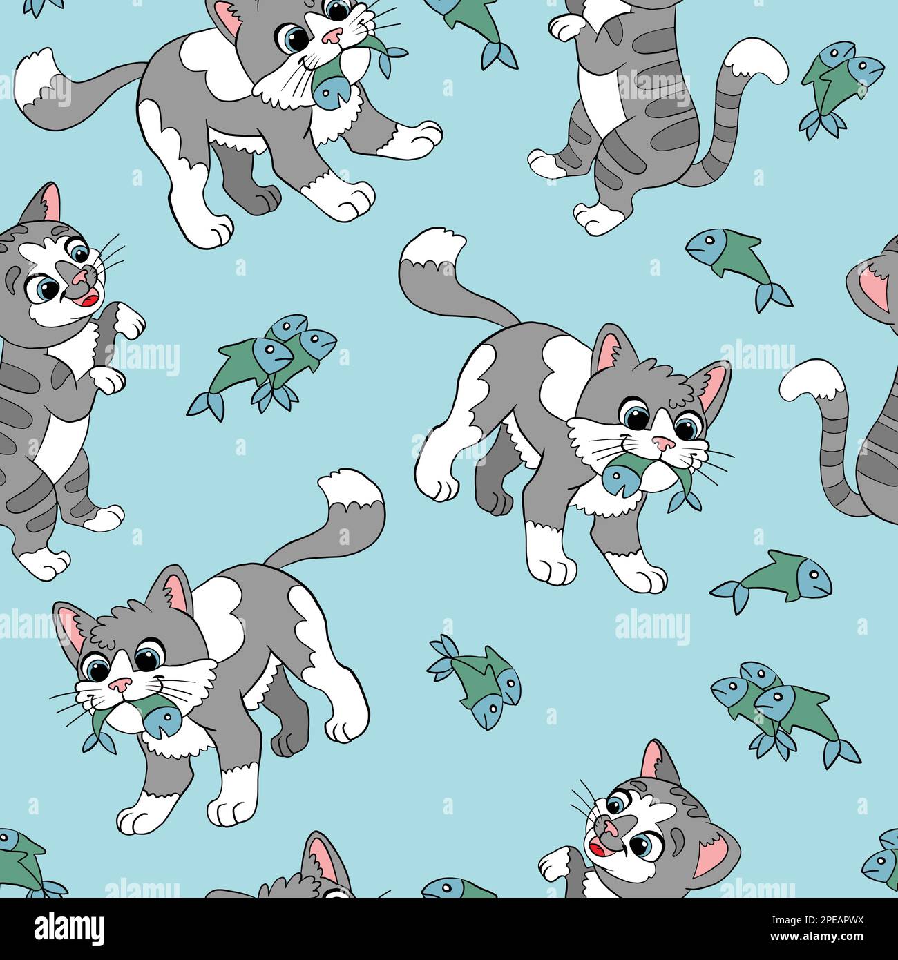Seamless pattern with cute cartoon jolly cats and fishes. Vector ...