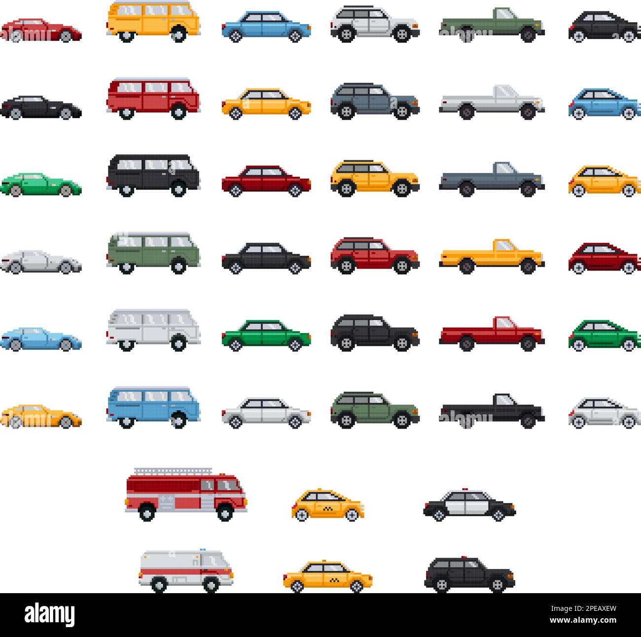 Pixel art cars collection. Different type and colour vehicles ...