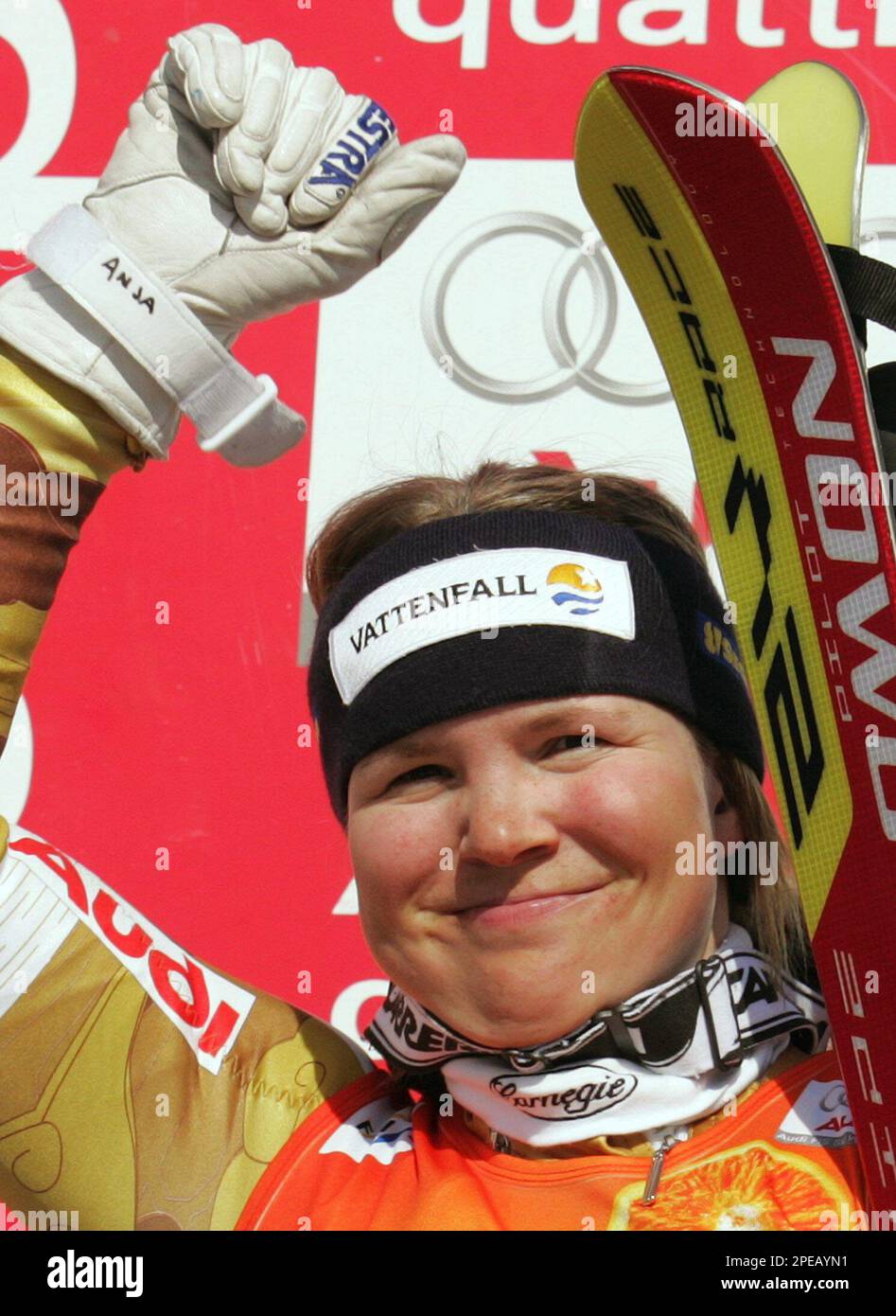 Sweden's Anja Paerson celebrates after placing third in the women's ...