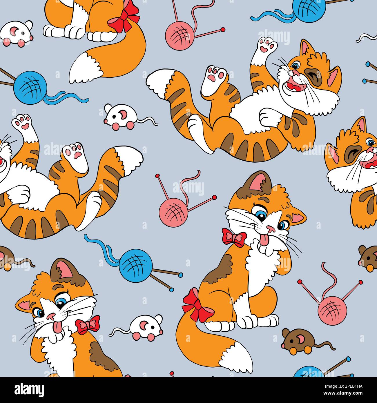 Seamless pattern with cute cartoon cats and balls of thread. Vector ...