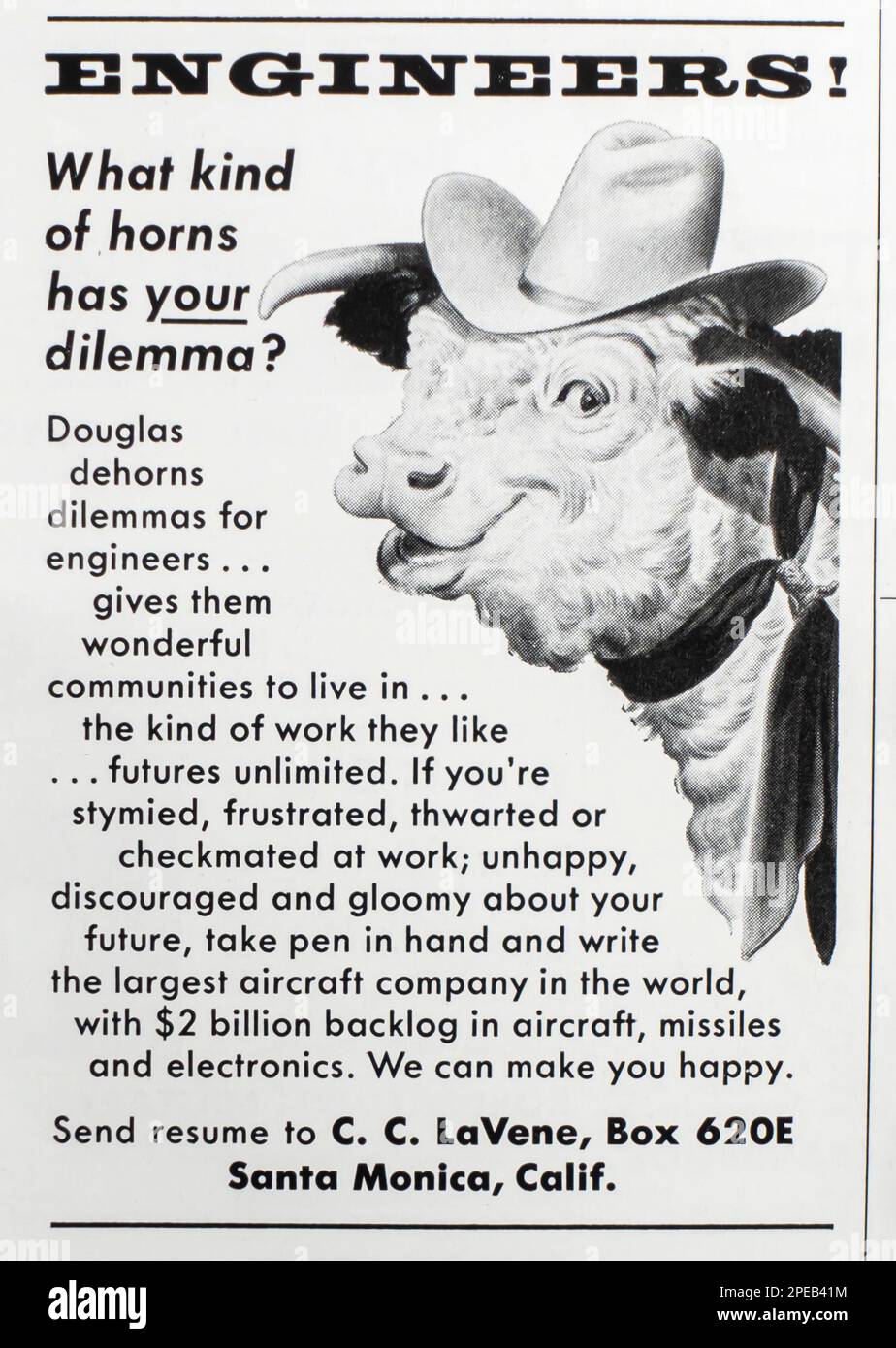 Douglas engineers advert in a Natgeo magazine July 1956 Stock Photo - Alamy