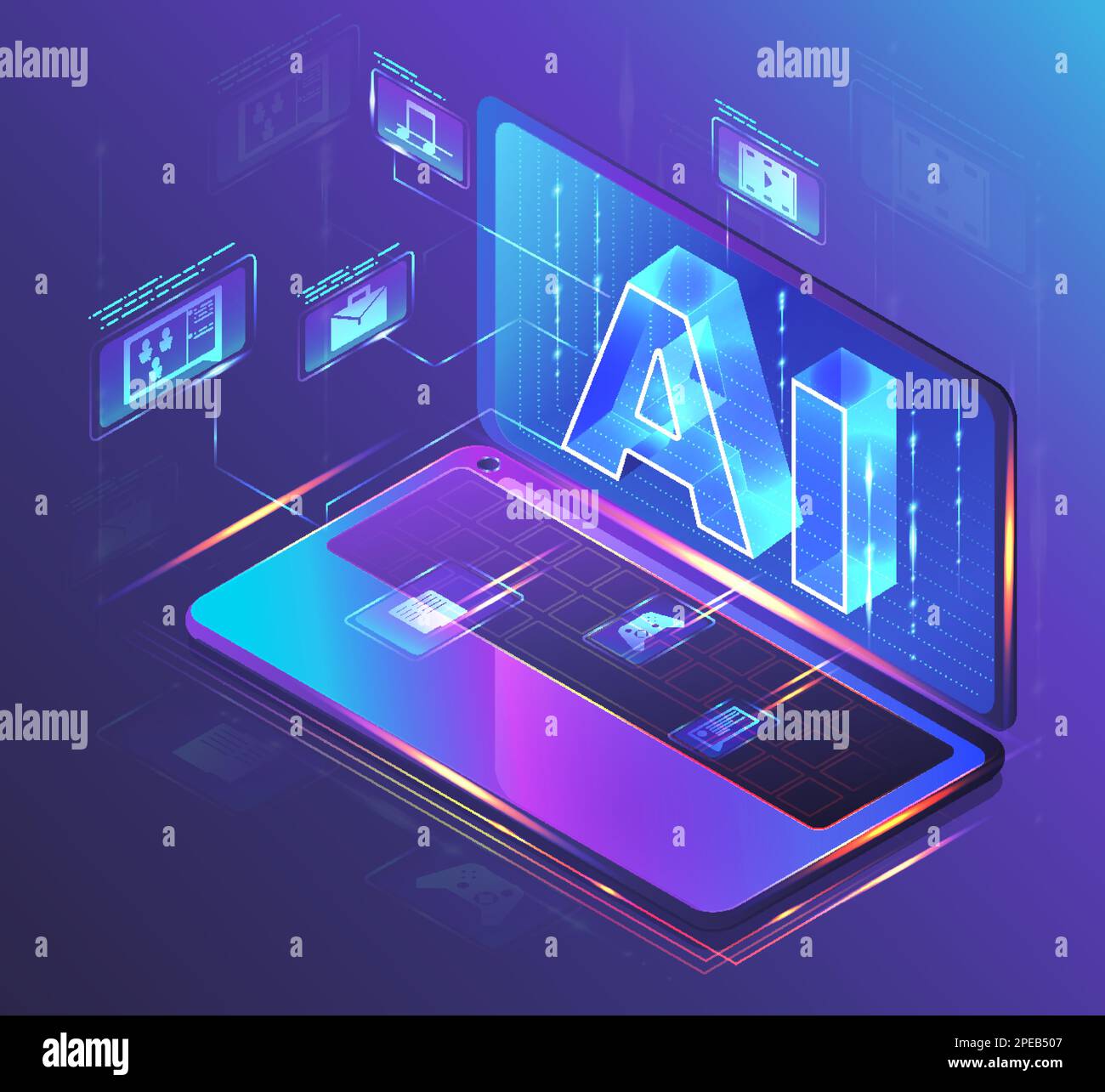 Futuristic AI technology and laptop hologram vector 3d illustration ... Futuristic AI technology and laptop hologram vector 3d illustration ...