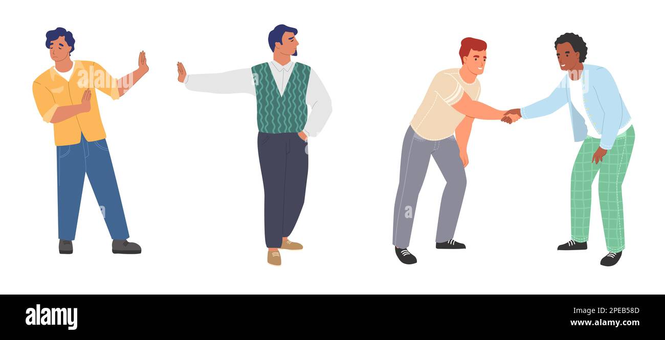 Friendship and enmity vector scene. Cartoon man characters handshaking ...