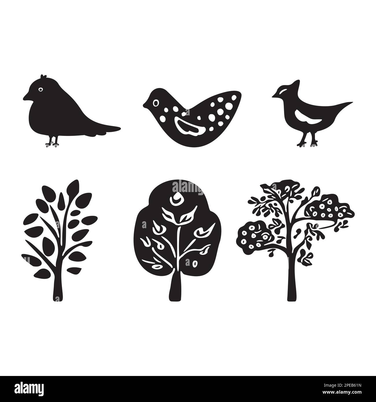 Set of bird and botanical vector motif. Collection of garden wildlife ...