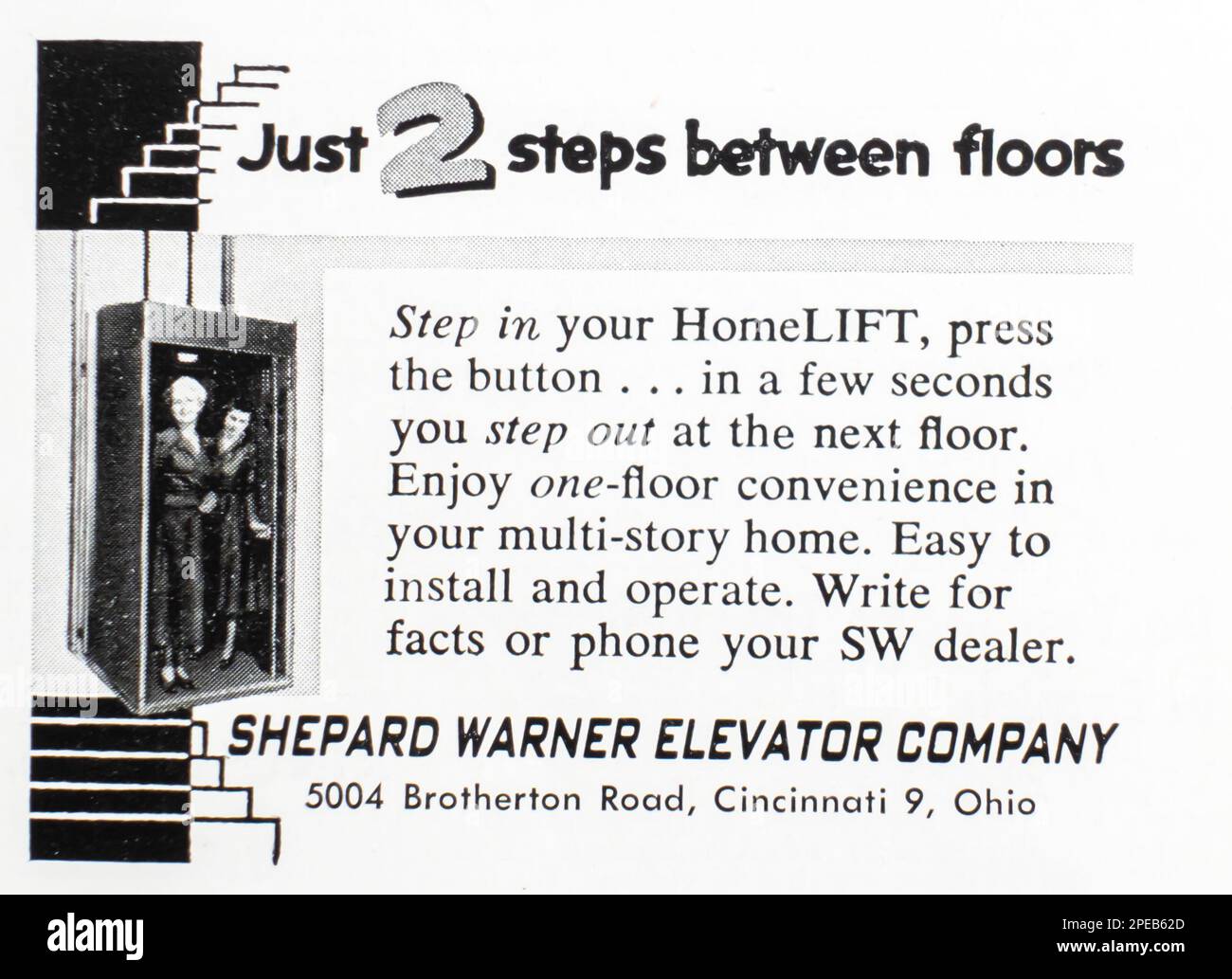 Shepard elevator advert in a Natgeo magazine July 1956 Stock Photo - Alamy