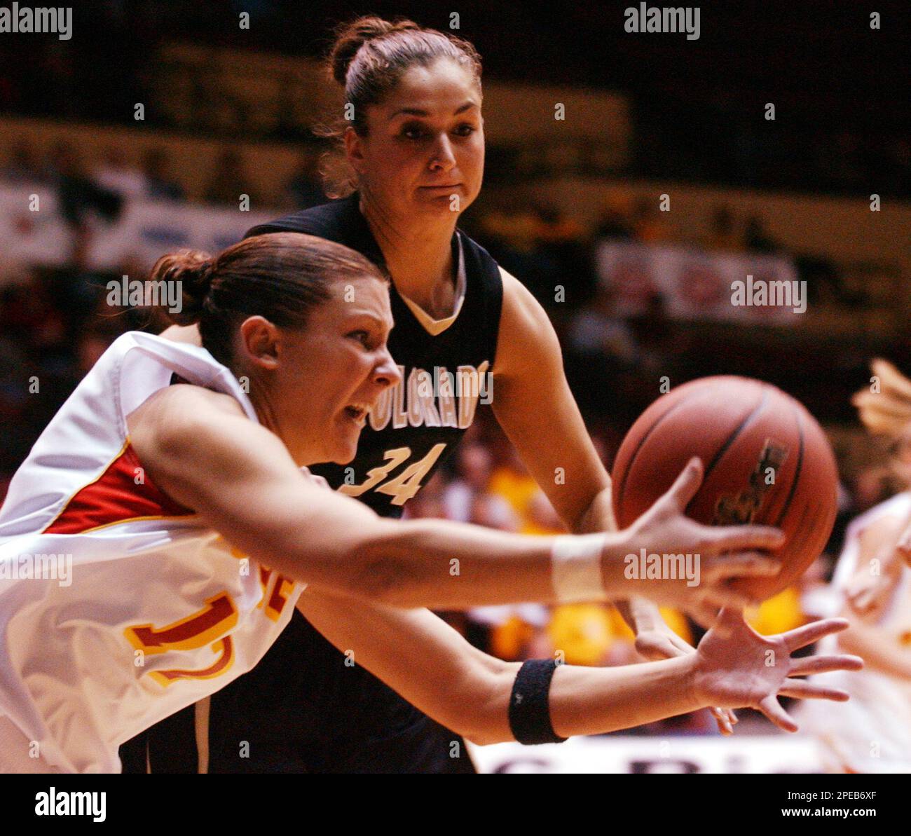 Iowa State's Anne O'Neil, left, battles Colorado's Sarah Lini for a ...