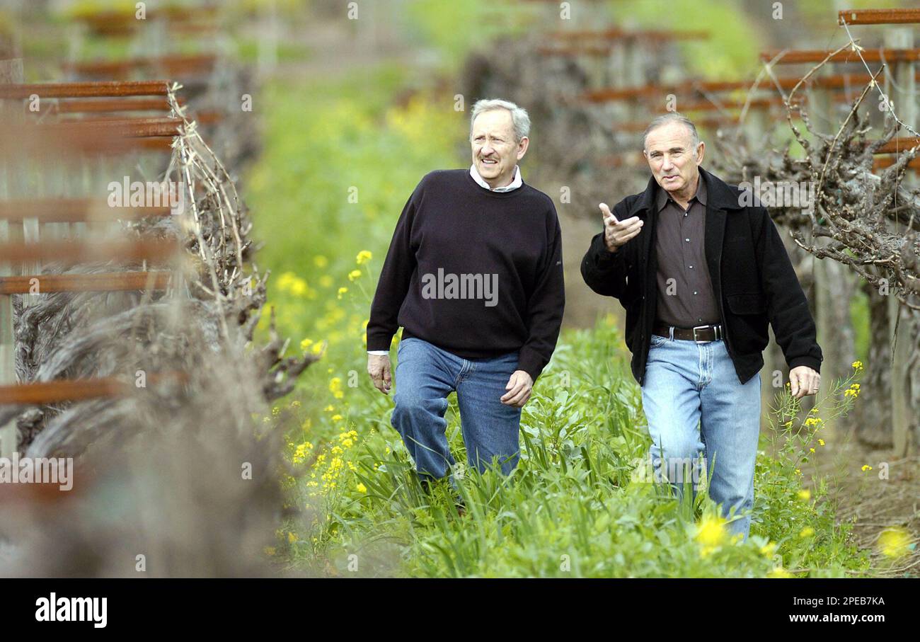 Jim Stevens, left, and Bruce Nevins stroll through the vineyard at ...