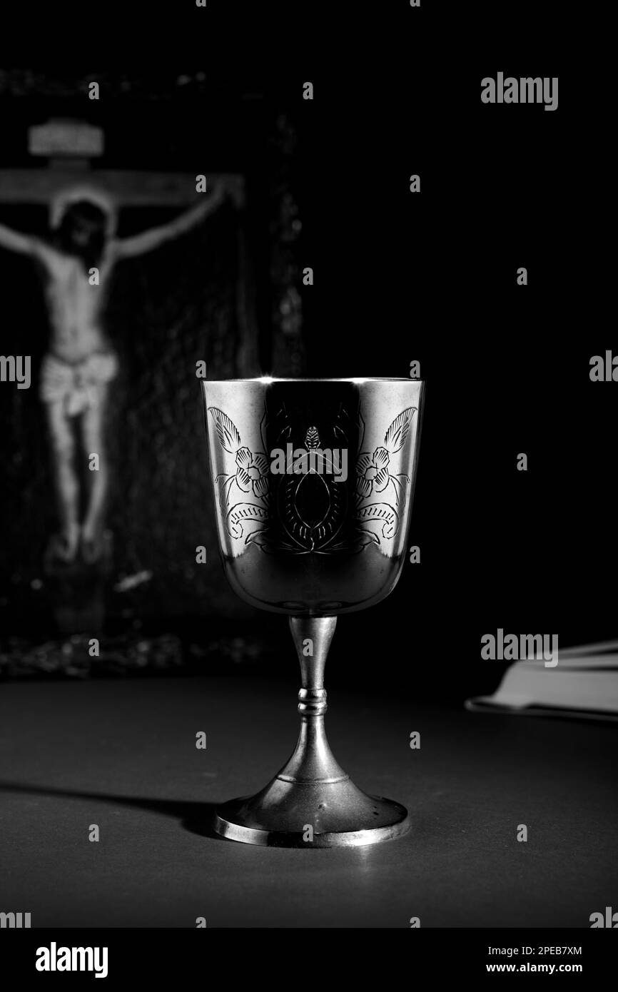 golden chalice with picture of crucified christ ,black and white Stock ...