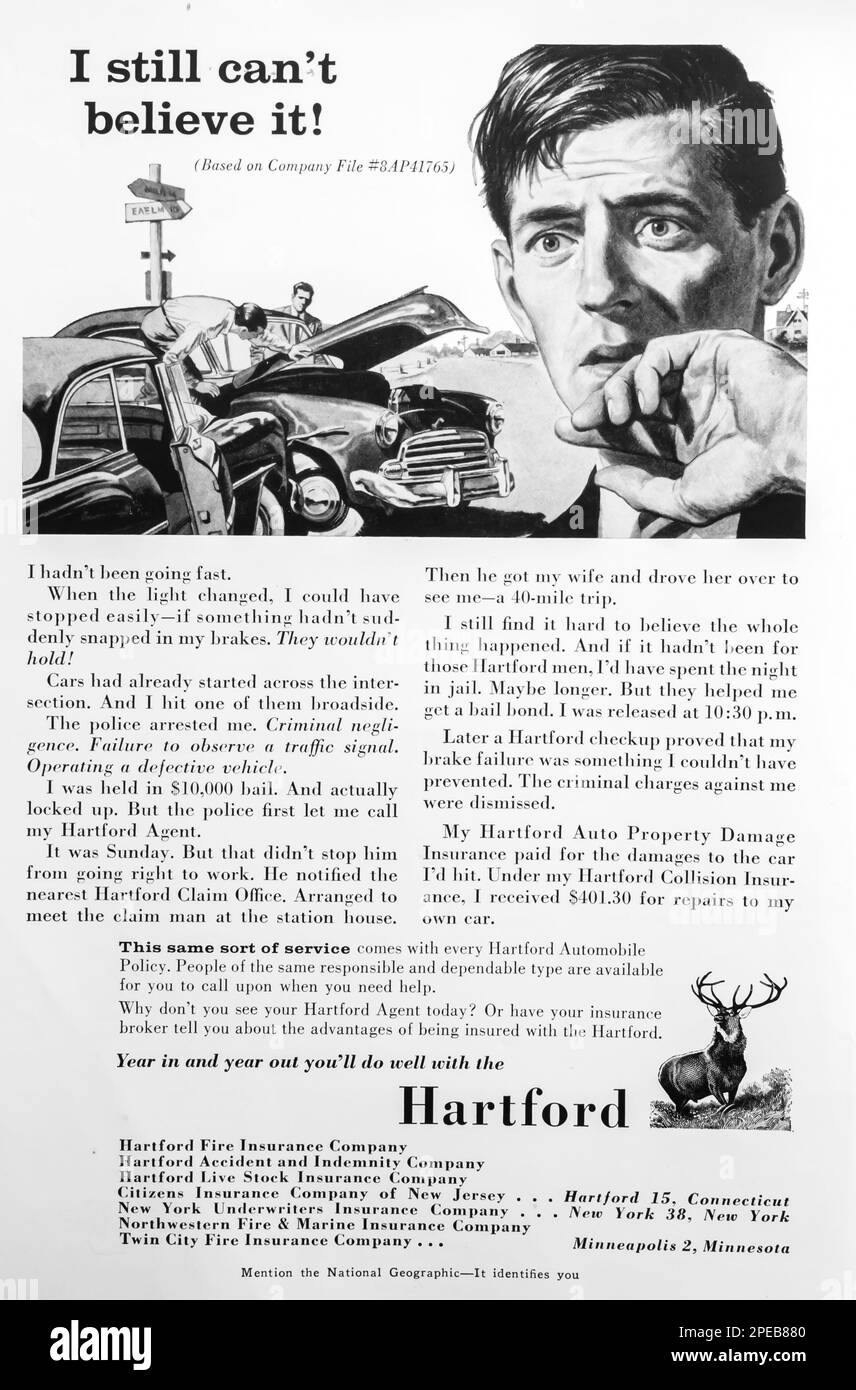 Hartford insurance advert in a Natgeo magazine September 1956 Stock ...