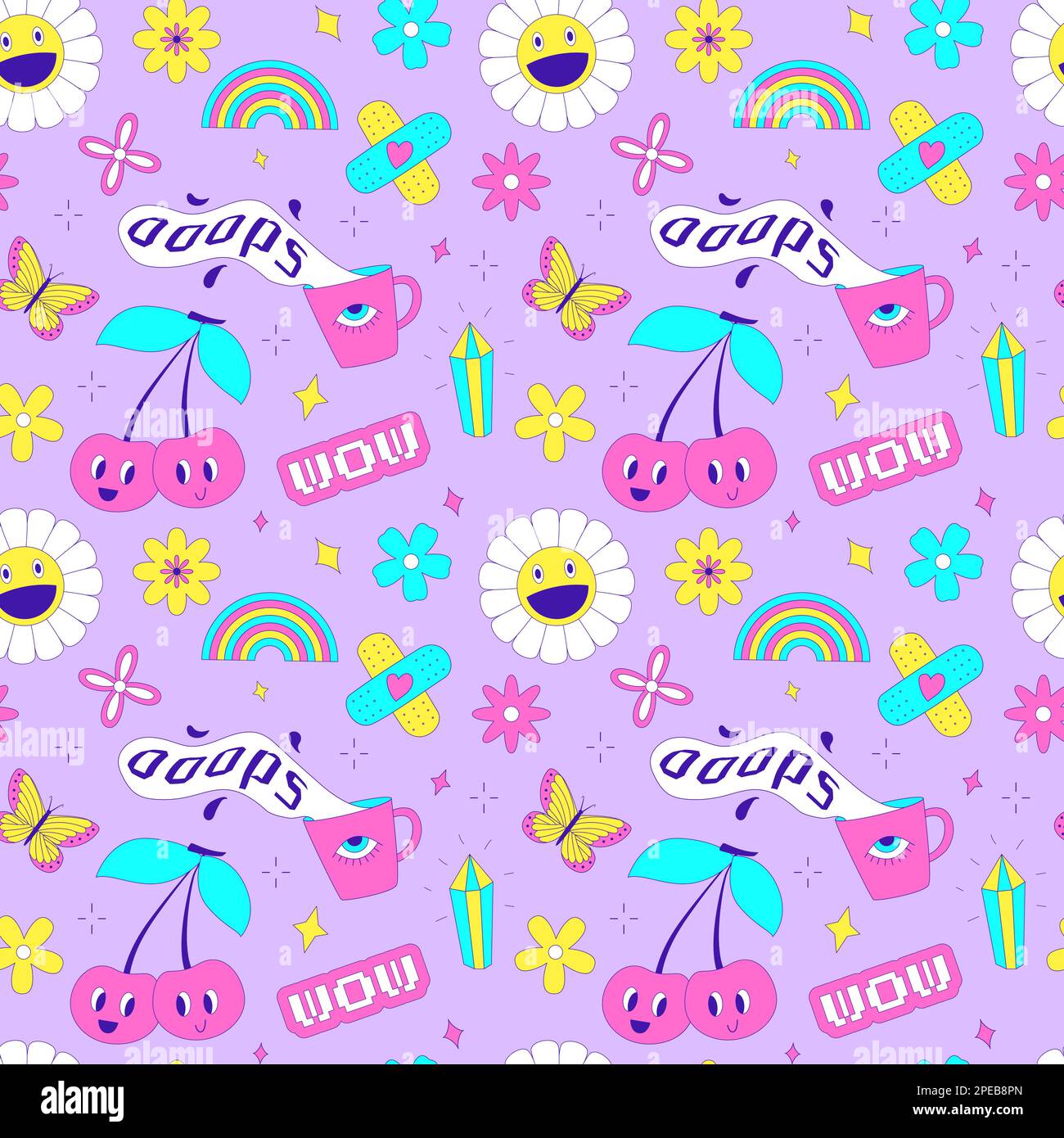 Seamless pattern with y2k style elements. Acidic vivid neon colors ...