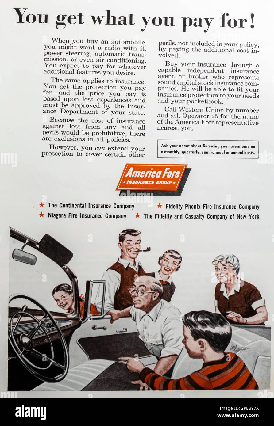 America Fore insurance advert in a Natgeo magazine September 1956 Stock ...
