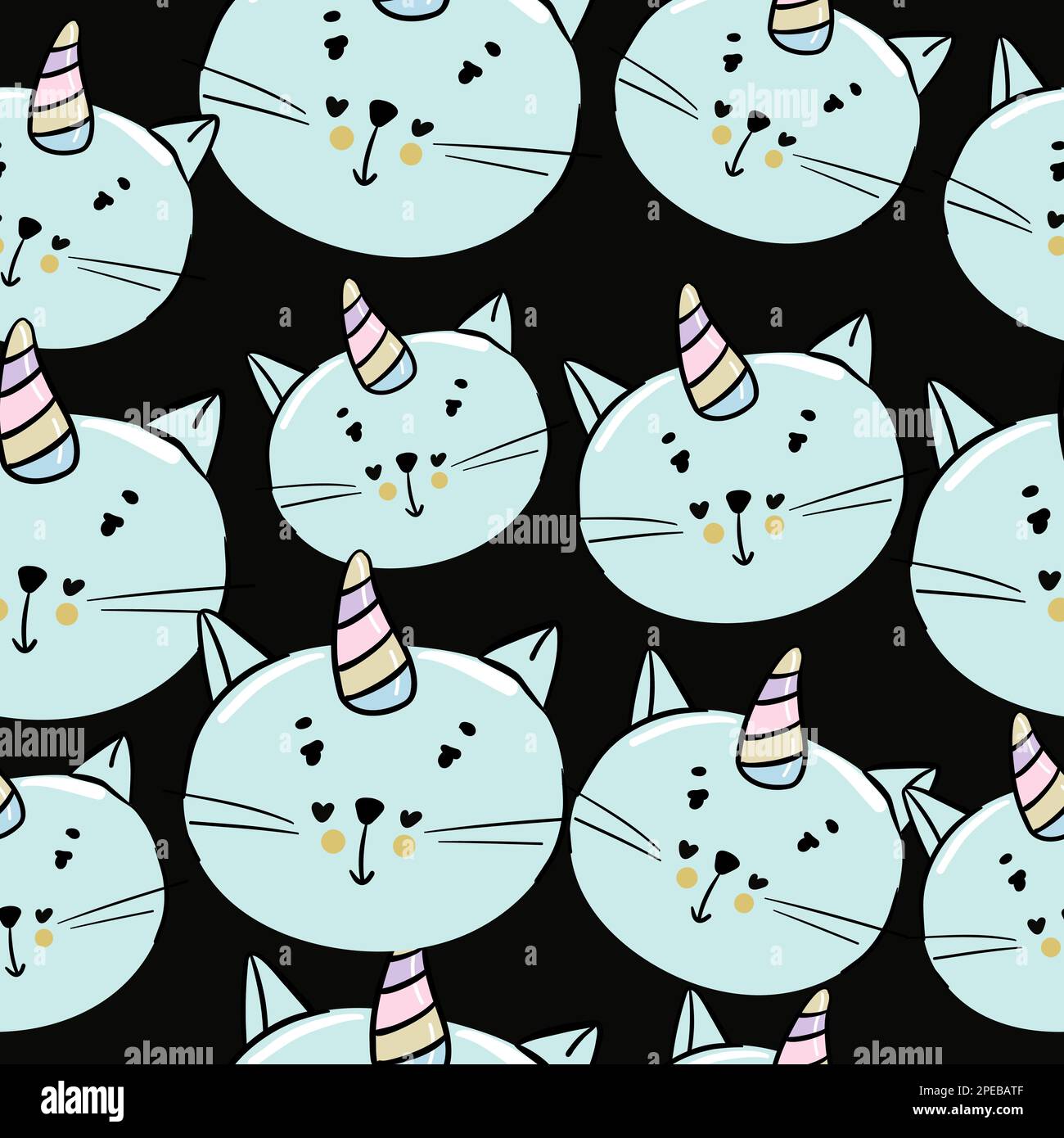 Cute Cat Caticorn or Kitten Unicorn vector seamless pattern. Kawaii Cat ...