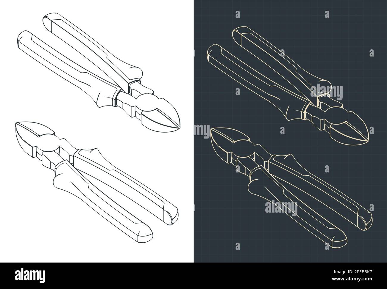 Stylized vector illustration of isometric blueprints of diagonal pliers ...