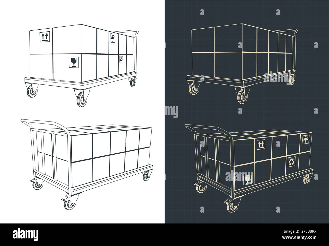 Stylized vector illustration of a platform cart with boxes on it Stock ...