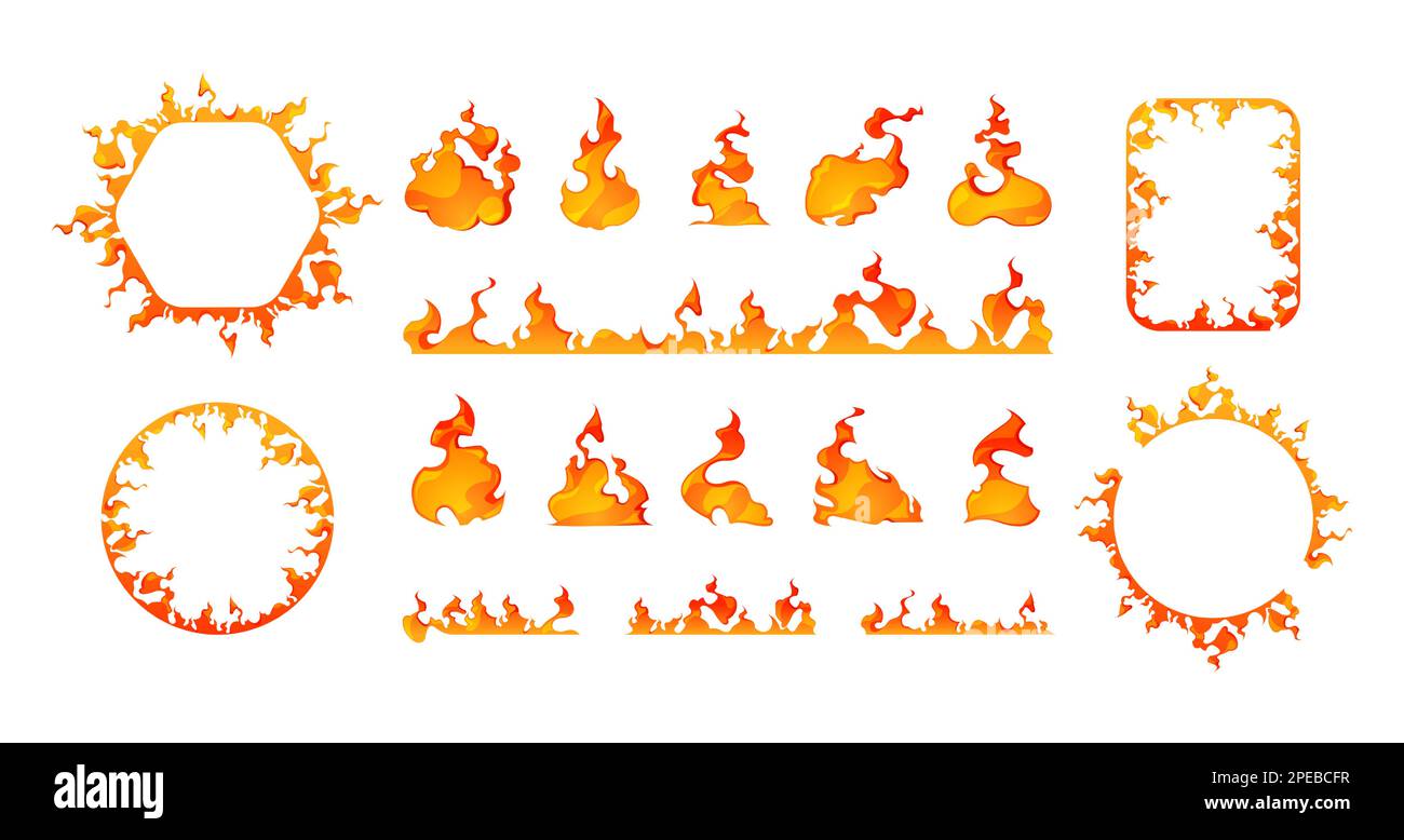 Cartoon fire frames. Square and round flaming figures, burning orange ...