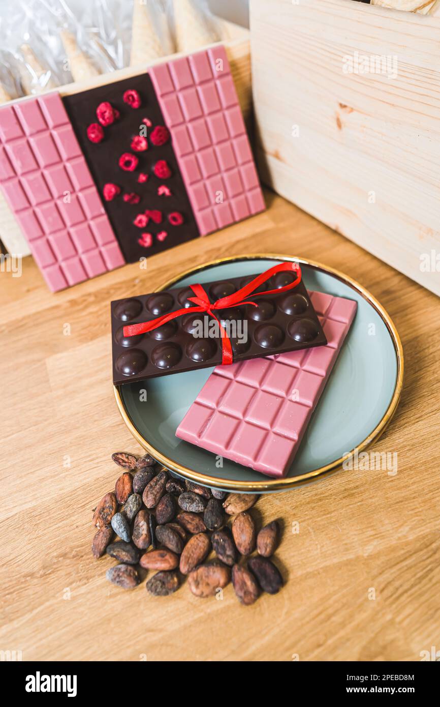 Presentation of various bars of chocolate. Sweets and valentine's day ...