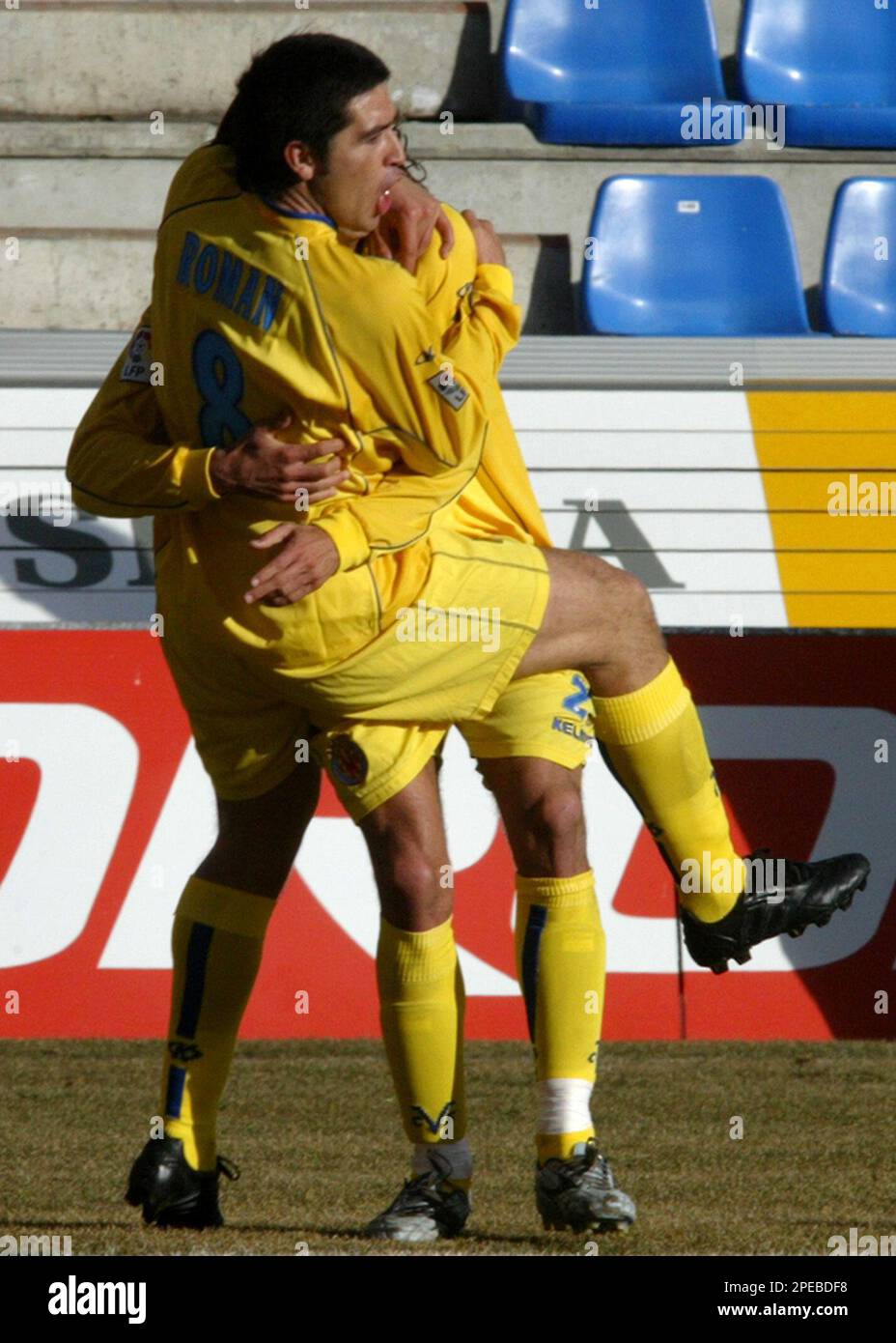 Villarreal's Argentine player Juan Roman Riquelme, left, celebrates his ...