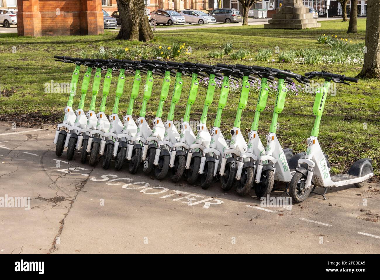 Salford, Manchester, uk, march 11, 2023 e-scooters parked together at salford museum and art ...