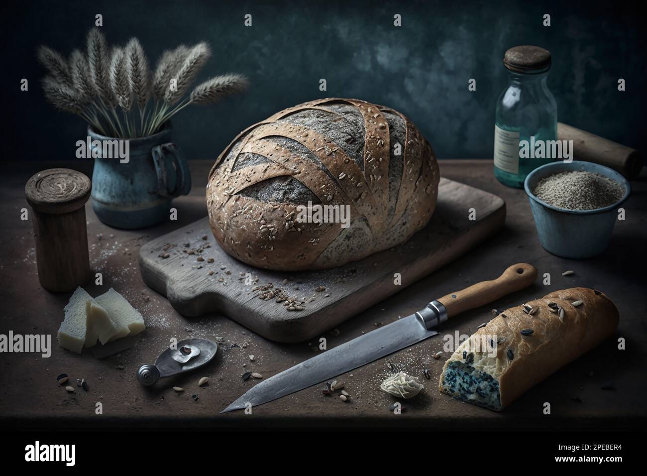 Rustic sourdough ciabatta bread with utensils and ingredients on a ...