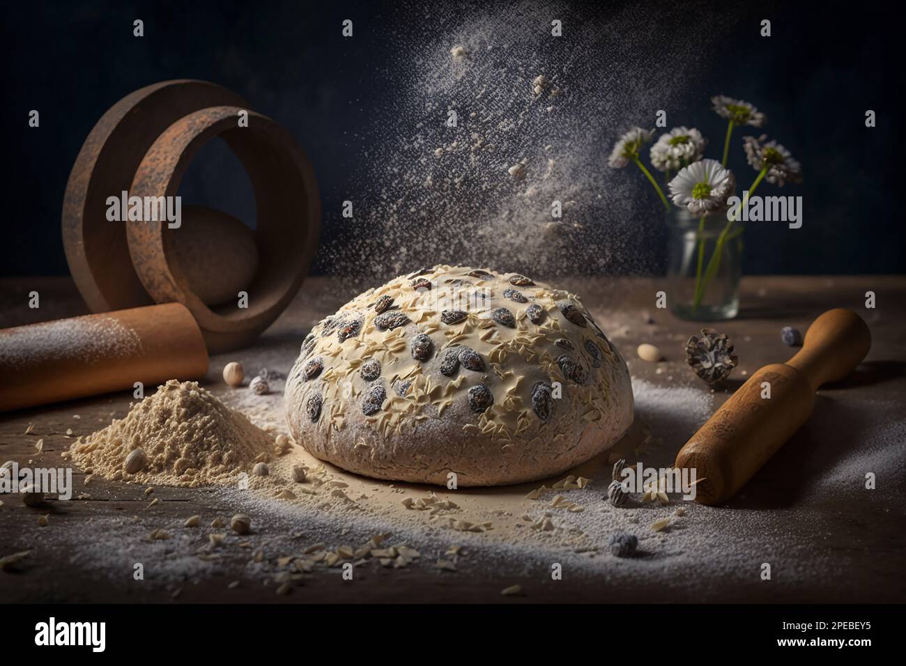 Rustic sourdough ciabatta bread with utensils and ingredients on a ...