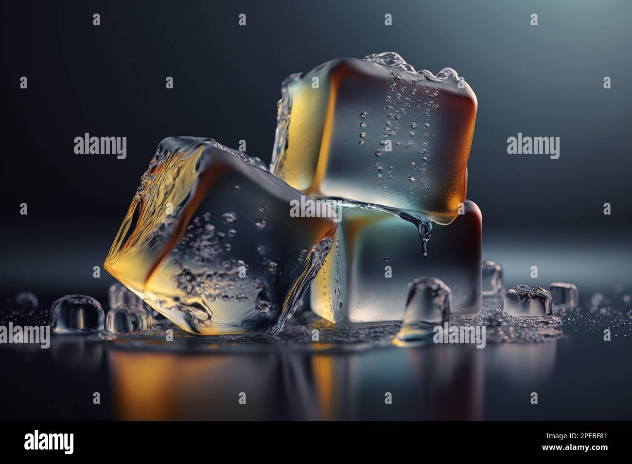 Melting Ice cubes with water drops on a table. Clear ice in cube shape. Frozen water. Ice maker ...