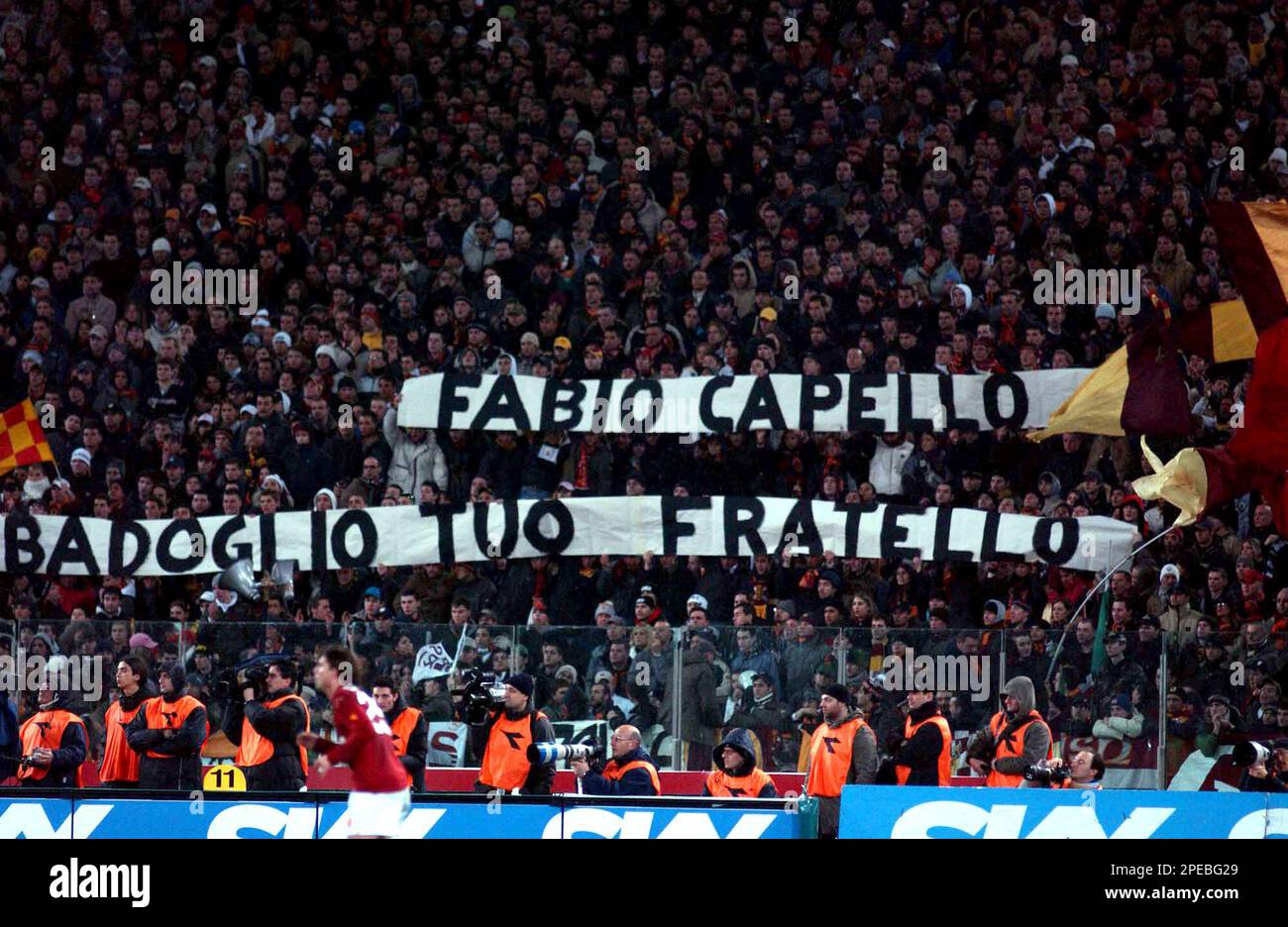 Banners held by Roma supporters during the first division soccer league ...
