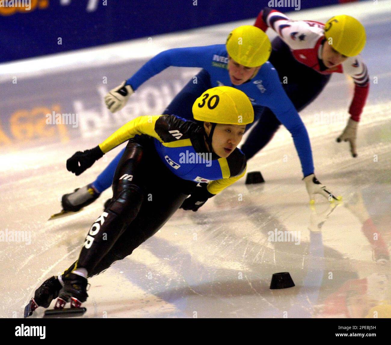 South Korea's Kang Yun-mi leads Italy's Marta Capurso, center, and ...