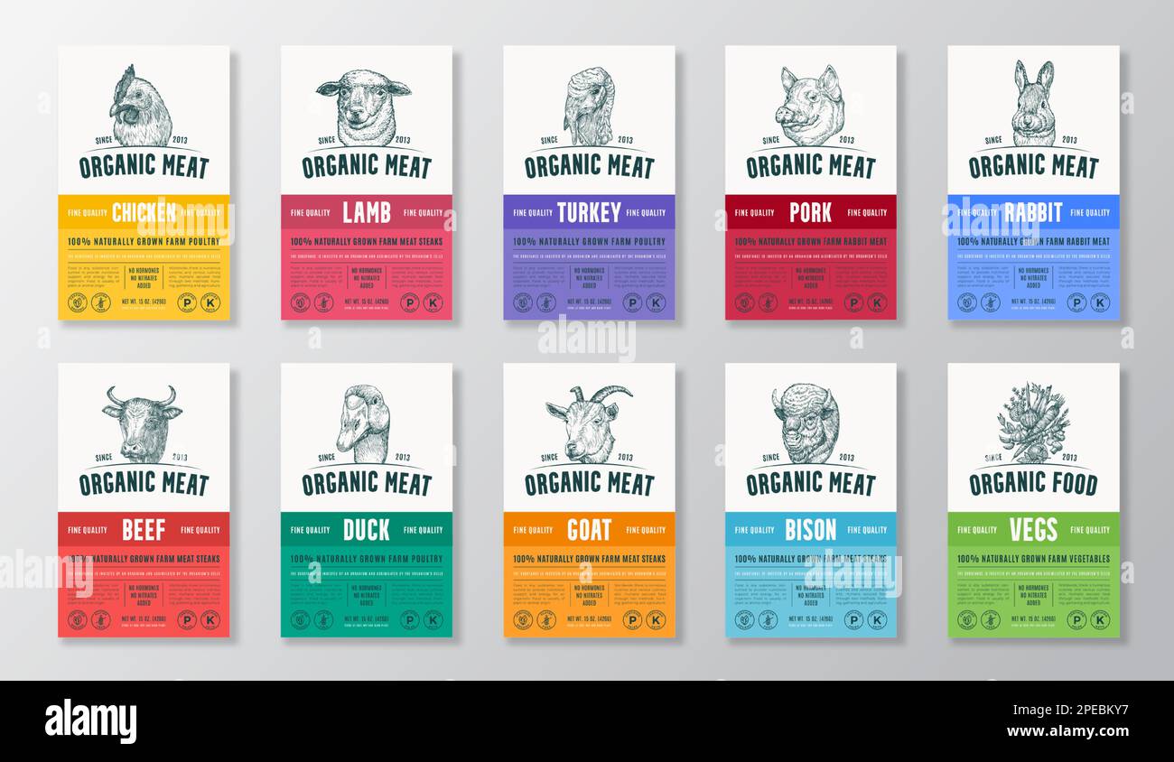 Organic Meat, Poultry, Vegetables Vector Packaging Design or Label ...