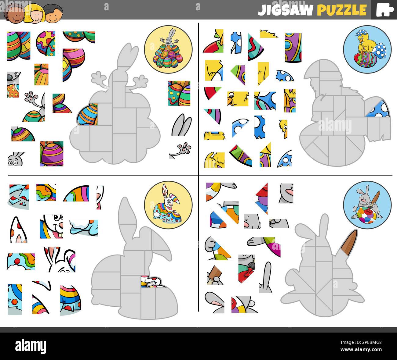 Cartoon illustration of educational jigsaw puzzle games set with funny ...